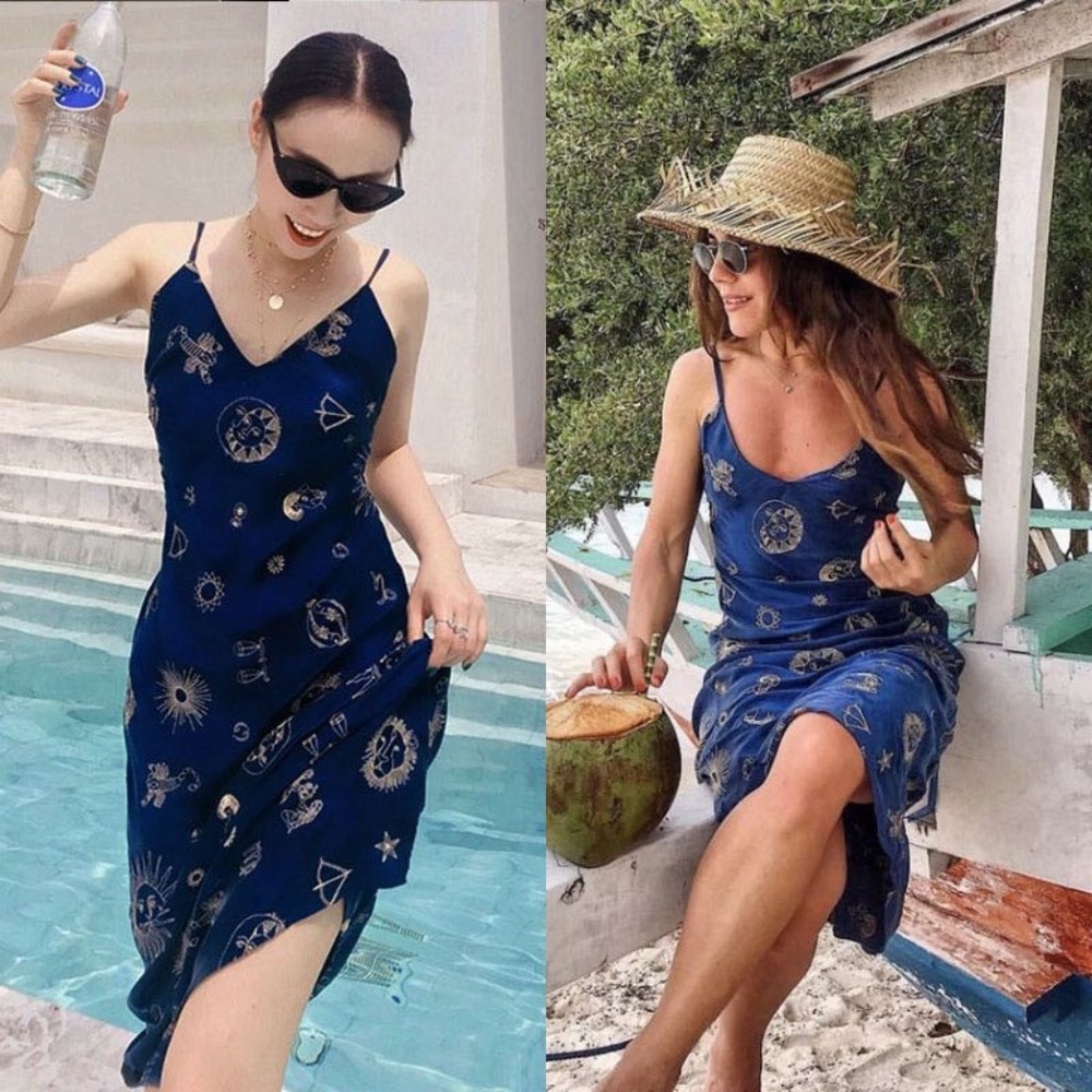 Rare Realisation Par Blue Silk Zodiac Slip Dress | Sm… - Gem